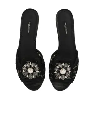 Dolce & Gabbana Bianca Lace Slides With Embellished Detail - Black