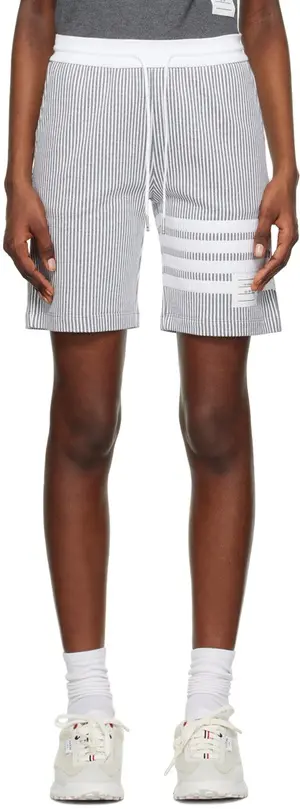 Thom Browne Seersucker Drawstring Shorts With Four Bar Stripes