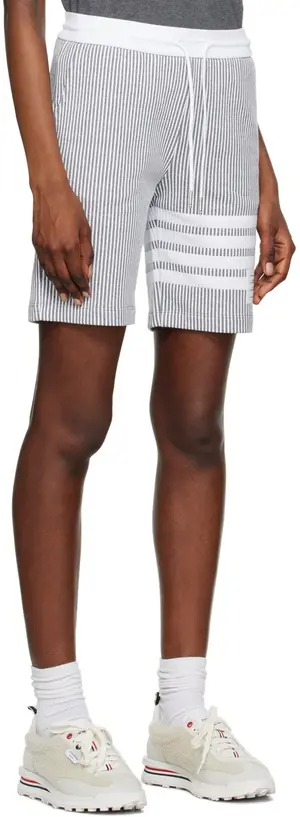 Thom Browne Seersucker Drawstring Shorts With Four Bar Stripes