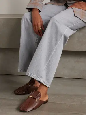 TOD'S Embellished Fringed Leather Slippers