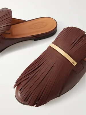 TOD'S Embellished Fringed Leather Slippers