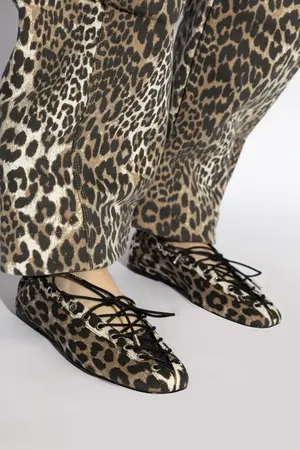 GANNI Canvas Printed Ballet Flats With Lace-up Detail - Leopard Color