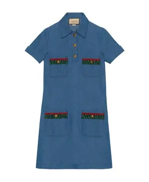 Gucci Denim Mini Dress With Webbing Trim - Blue