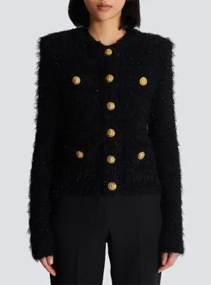 Balmain Textured Buttoned Tweed Jacket - Black