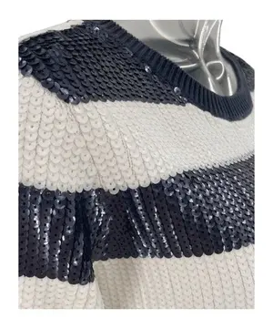 Emporio Armani Striped Sequin Embellished Short Sleeve Sweater