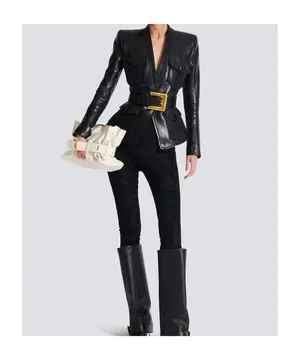 Balmain 1-button Belted Leather Jacket - Black