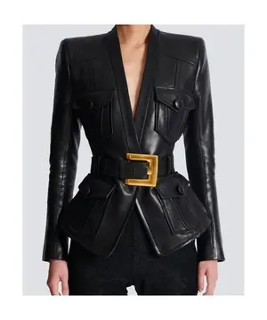 Balmain 1-button Belted Leather Jacket - Black