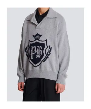 Balmain College Crest Knit Polo Sweater