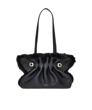 FERRAGAMO Small Gathered Detail Handbag With Fur Trim