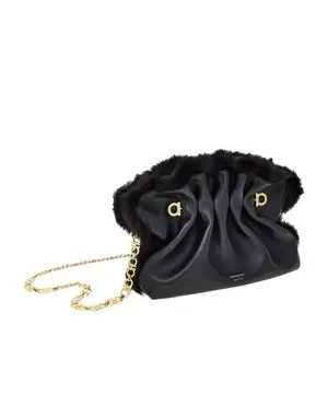 FERRAGAMO Small Gathered Detail Handbag With Fur Trim
