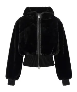 Pinko Faux Fur Zip-up Hooded Bomber Jacket - Black