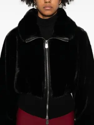 Pinko Faux Fur Zip-up Hooded Bomber Jacket - Black