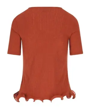 Fendi Ribbed Top With Embroidered Logo And Ruffled Hem - Brown