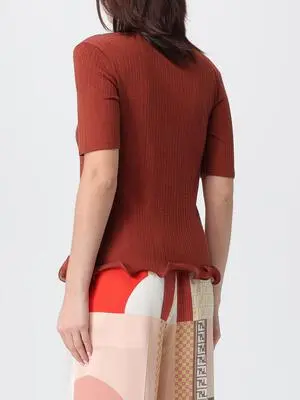 Fendi Ribbed Top With Embroidered Logo And Ruffled Hem - Brown