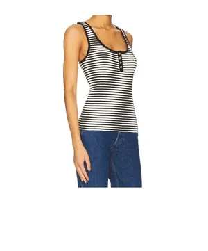 ANINE BING Alessia Striped Tank Top With Front Button Detail - Black