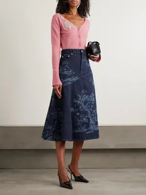 Erdem Asymmetrical Patchwork Printed Denim Midi Skirt