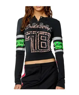 DIESEL® Cropped Long Sleeve Top With Flocked Print - Black
