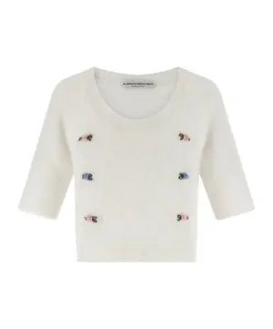 Alessandra Rich Cropped Knitted Jumper With Embroidered Detail - White
