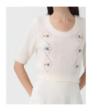 Alessandra Rich Cropped Knitted Jumper With Embroidered Detail - White