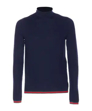 Gucci Fine Cashmere Turtleneck Jumper With Web Stripe Trim - Dark Blue