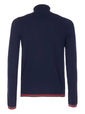 Gucci Fine Cashmere Turtleneck Jumper With Web Stripe Trim - Dark Blue