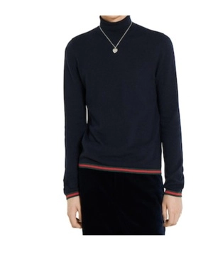 Gucci Fine Cashmere Turtleneck Jumper With Web Stripe Trim - Dark Blue