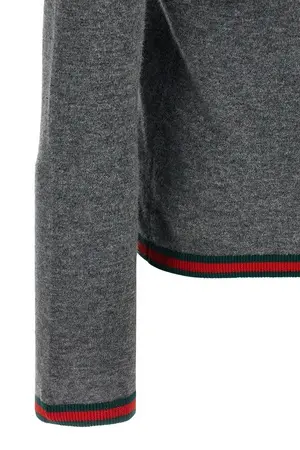 Gucci Fine Cashmere Turtleneck Jumper With Web Stripe Trim - Gray