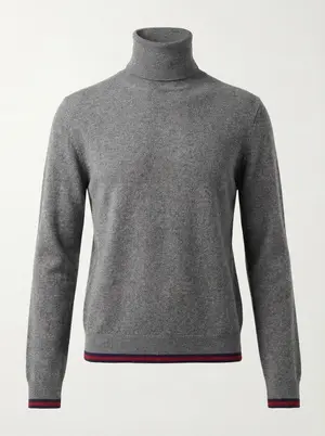 Gucci Fine Cashmere Turtleneck Jumper With Web Stripe Trim - Grey