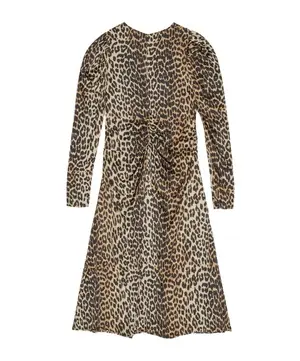 GANNI Printed Satin Ruched Midi Dress