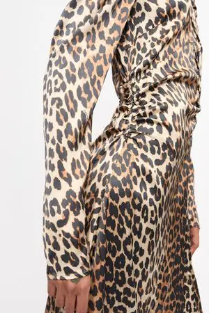 GANNI Printed Satin Ruched Midi Dress