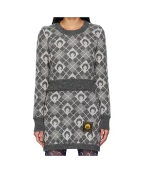 MARINE SERRE Jacquard Rhombus Plaid Logo Patterned Round Neck Sweater