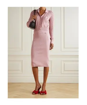 Alessandra Rich High-waisted Midi Skirt With Faux Pearl Buttons - Pink