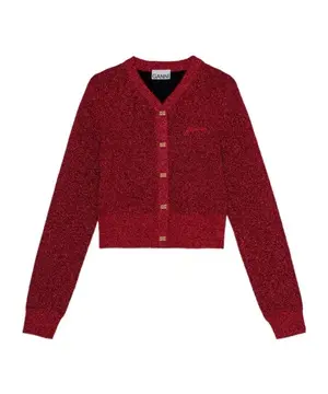 GANNI Embroidered Logo Knit Cardigan - Red