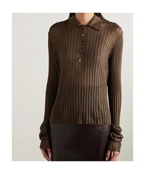 Khaite Vin Ribbed-knit Polo Shirt - Brown