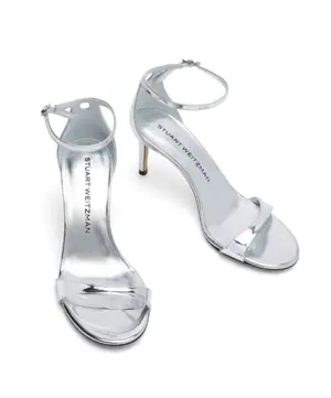 STUART WEITZMAN Metallic Round Toe Stiletto Sandals With Ankle Straps - Silver