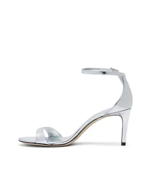 STUART WEITZMAN Metallic Round Toe Stiletto Sandals With Ankle Straps - Silver