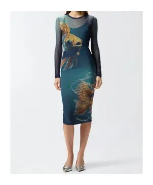 Pinko Fish-print Mesh Midi Dress