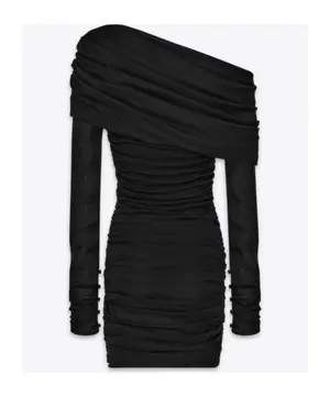 Saint Laurent Ruched One-shoulder Dress In Silk Muslin - Black