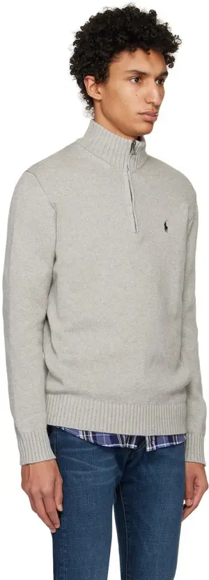 Polo Ralph Lauren Quarter Zip Cotton Jumper With Embroidered Pony Logo - Gray