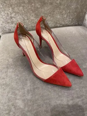 GIANVITO ROSSI Suede Pointed High Heel Pumps With Transparent Panels - Red