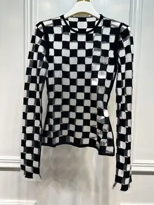 Sportmax Checkerboard-print Sheer Long-sleeve Top