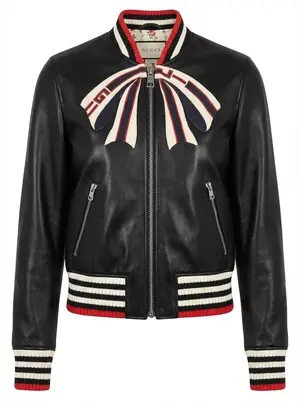 Gucci Bow Zipper Leather Bomber Jacket