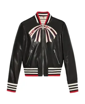 Gucci Bow Zipper Leather Bomber Jacket - Black