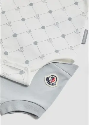 Moncler Logo Print Bodysuit, Shorts, And Bib Set