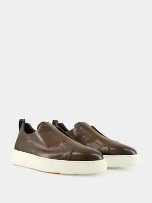 Santoni Round Toe Leather Sneakers - Dark Brown
