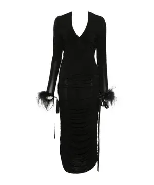 Pinko V-neck Long Sleeve Gathered Midi Dress With Feather Accents