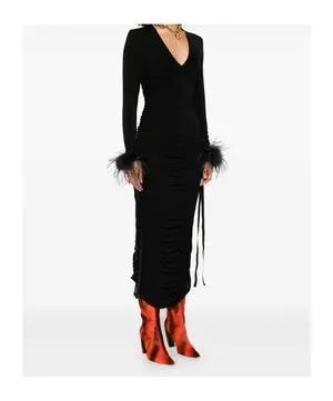 Pinko V-neck Long Sleeve Gathered Midi Dress With Feather Accents