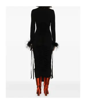 Pinko V-neck Long Sleeve Gathered Midi Dress With Feather Accents