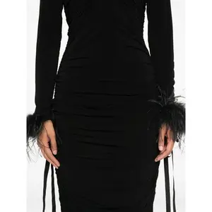 Pinko V-neck Long Sleeve Gathered Midi Dress With Feather Accents