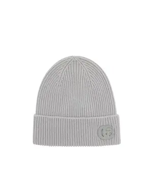 Gucci Cashmere Ribbed Beanie With Gg Patches - Grey